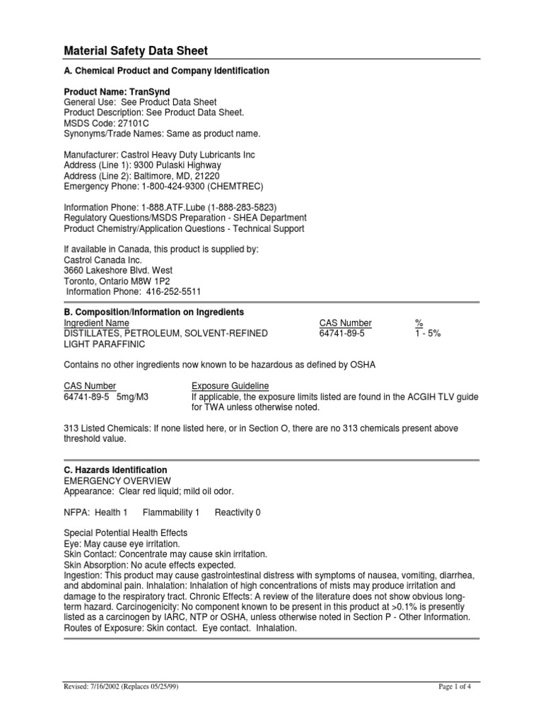 Transynd Synthetic Trans Fluid | PDF | Dangerous Goods | Volatile ...