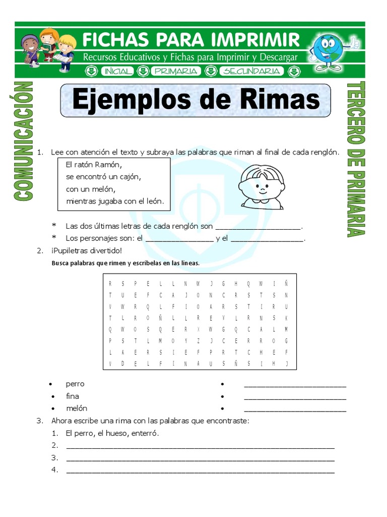 Ficha Ejemplos de Rimas para Tercero de Primaria | PDF