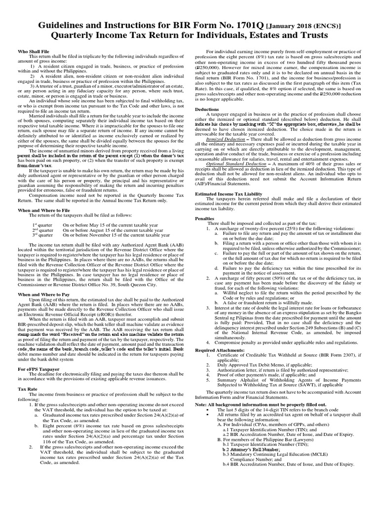 BIR Form 1701Q Filing Guidelines | PDF | Tax Deduction | Taxpayer
