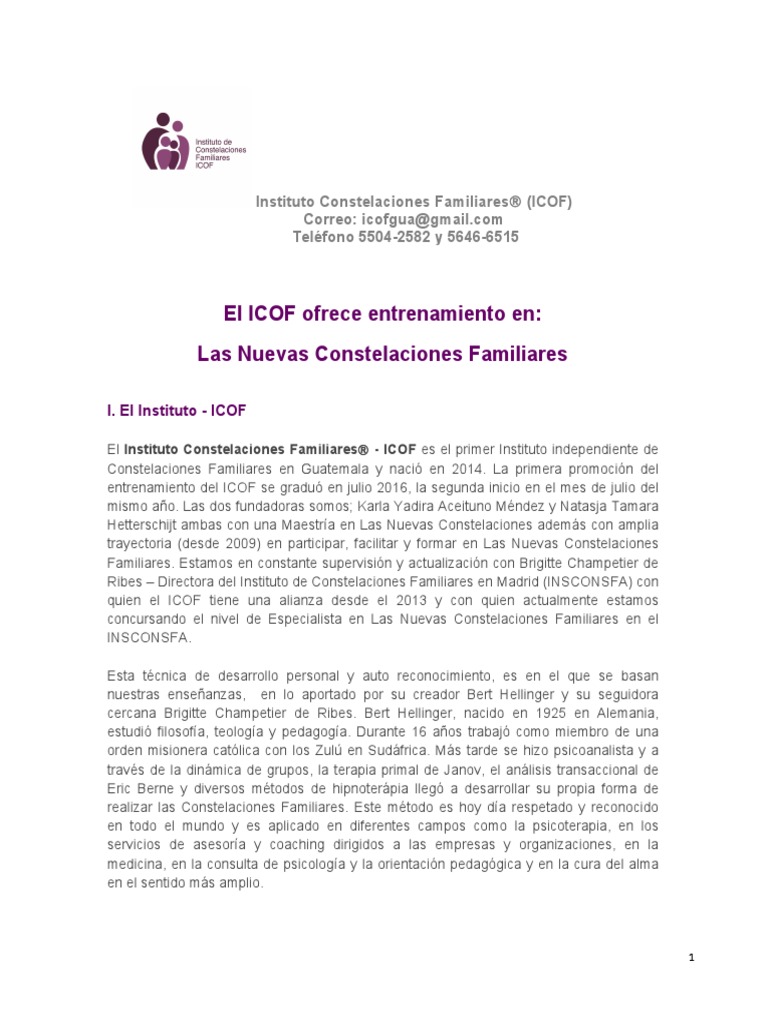 2017 Entrenamiento Las Nuevas Constelaciones Familiares Icof PROGRAMAAAA | PDF | Amor | Aprendizaje