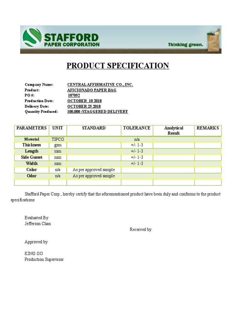 Product Specification: Parameters Unit Standard Tolerance Analytical ...