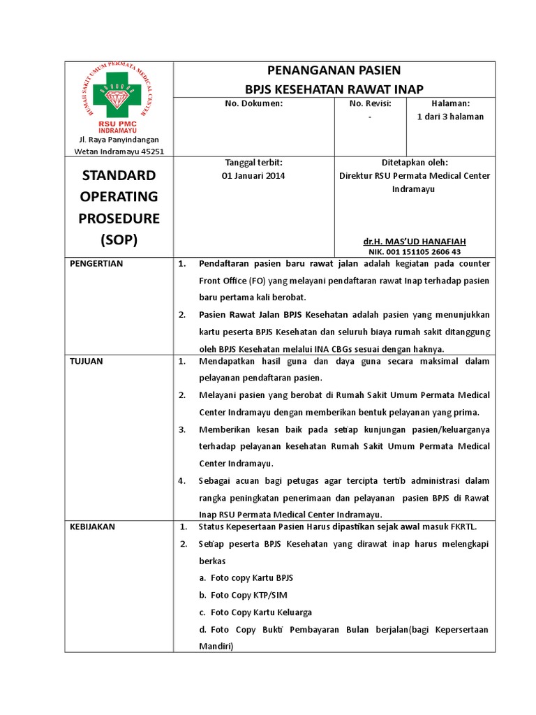Sop Pendaftaran Pasien Baru Rawat Inap BPJS Kesehatan Rsu PMC | PDF