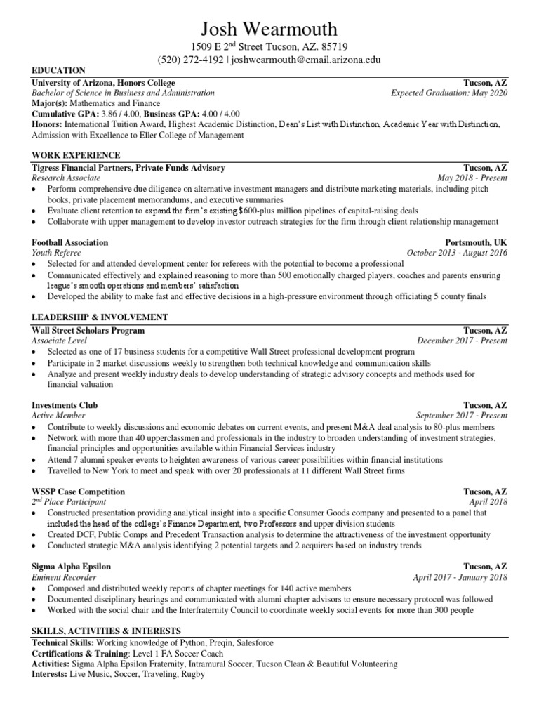 Wearmouth Josh Resume | Download Free PDF | Mergers And Acquisitions | Investing