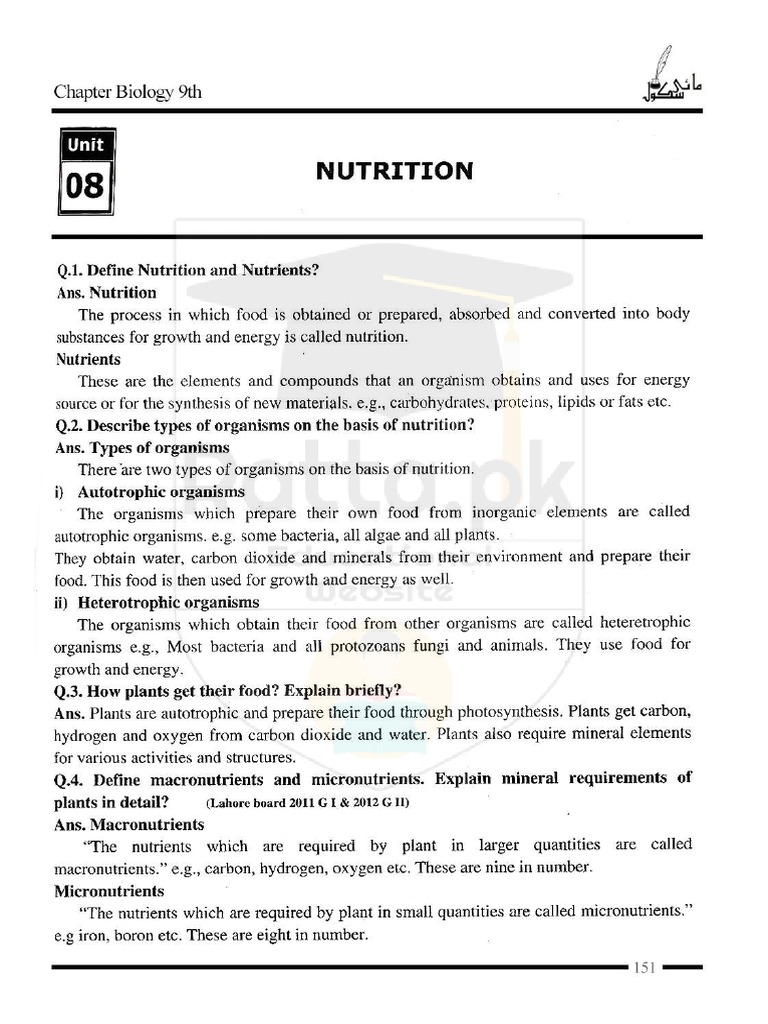 Important Notes of 9th Class Biology Chapter 8 | PDF