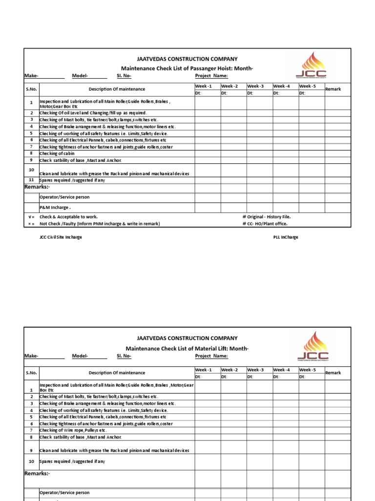 Hoist & Lift Maintenance Checklist | PDF | Elevator | Machines
