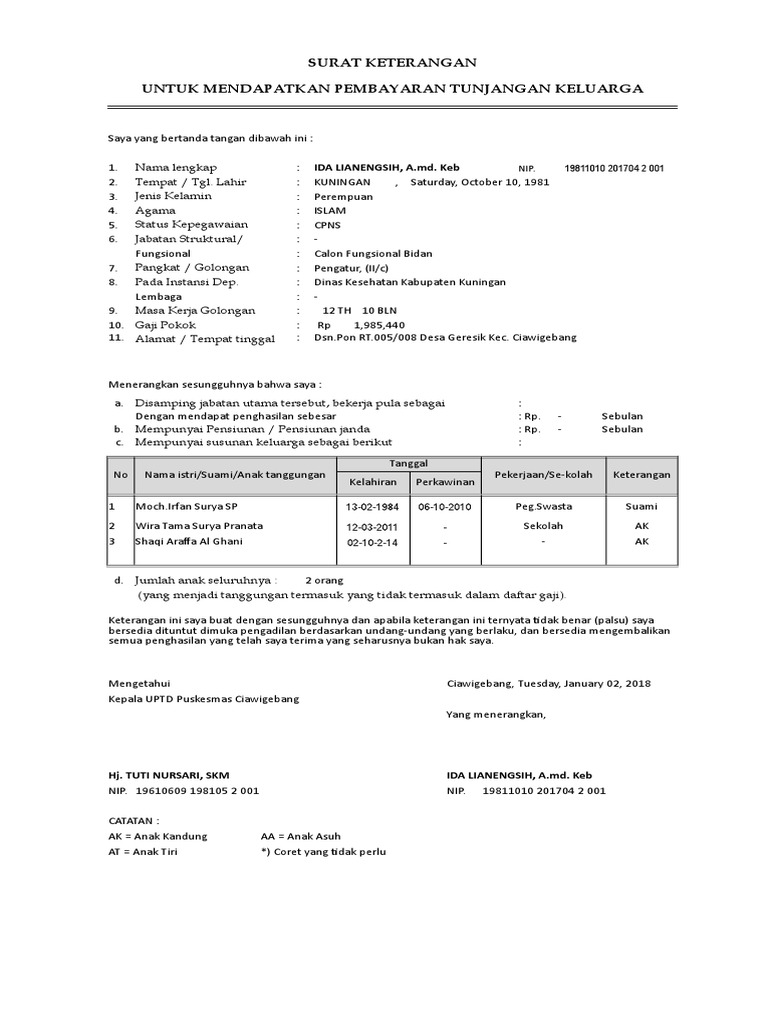 Surat Keterangan Tunjangan Keluarga | PDF