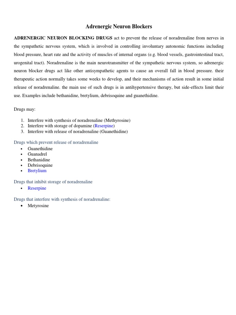 Adrenergic Neuron Blockers Guide | PDF | Norepinephrine | Neurophysiology