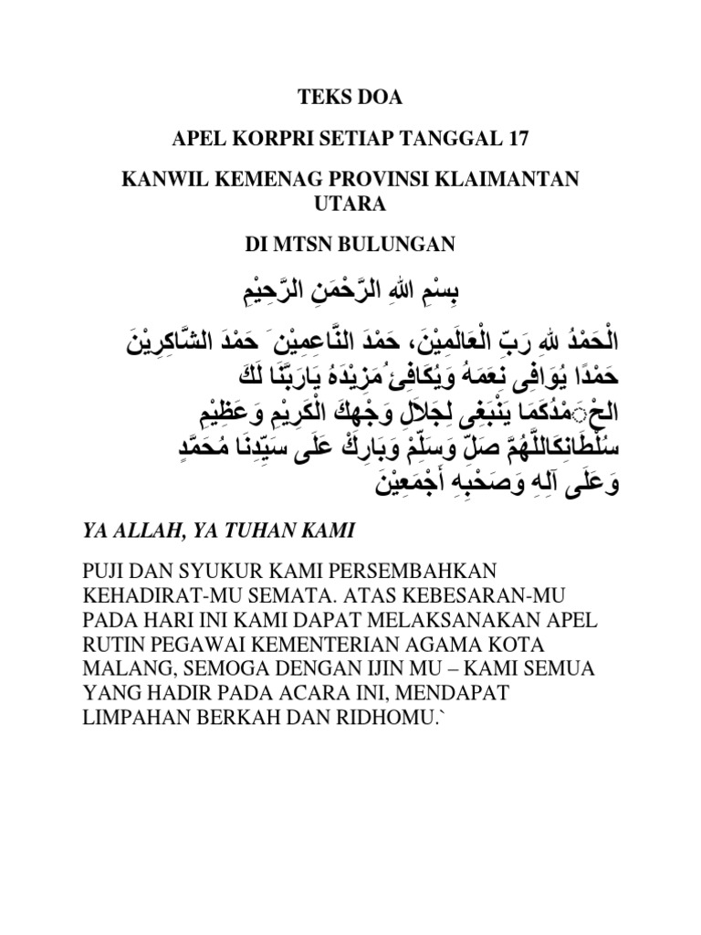 Teks Doa Apel Gabungan Korpri 2018 | PDF