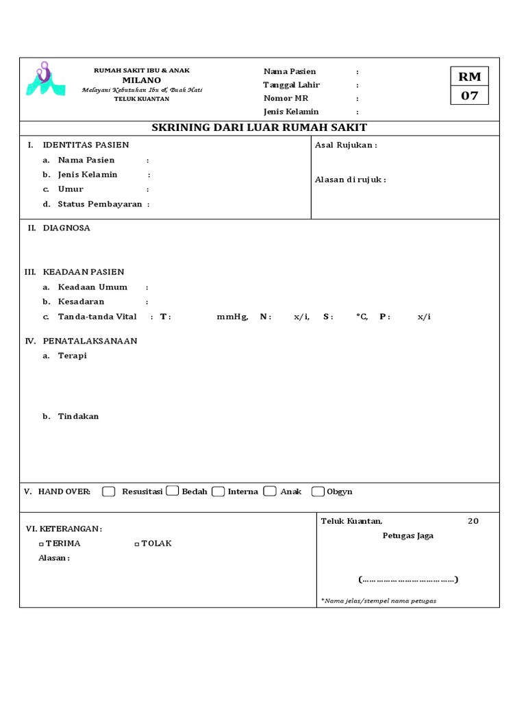Skrining Pasien RSIA Milano | PDF