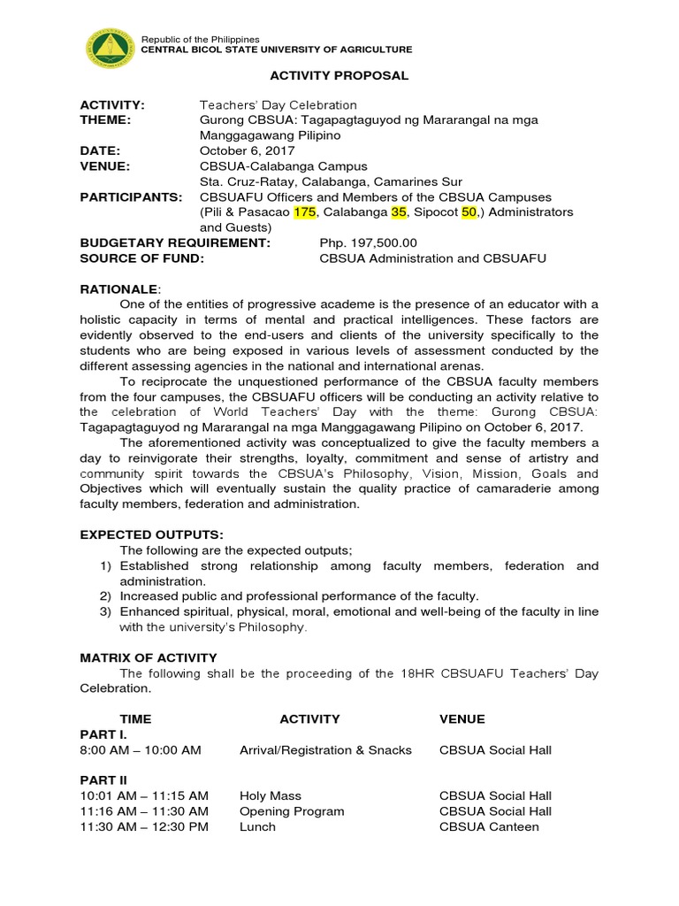 ACTIVITY PROPOSAL Teachers Day Celebration | PDF