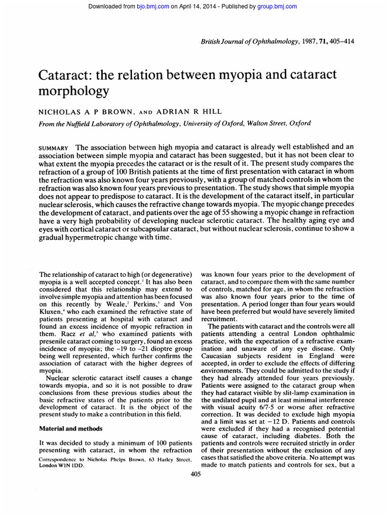 BR J Ophthalmol 1987 Brown 405 14 | PDF | Cataract | Diseases Of The ...