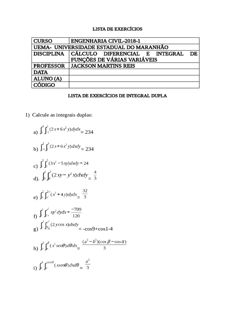 Lista de Exercícios - Cálculo 2 | PDF