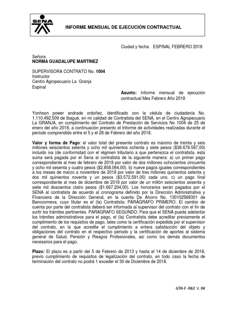 GTH-F-062 - Formato - Informe - Mensual - de - Ejecucion - Contractual - V-04 | PDF | Evaluación ...