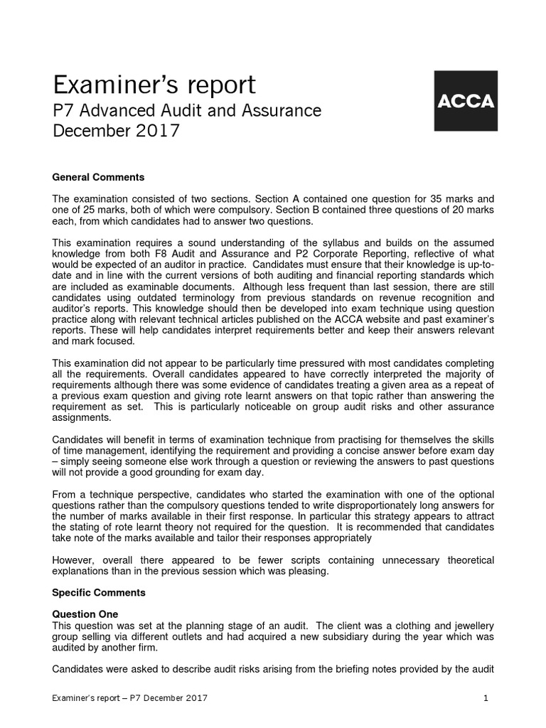 Examiner's Report: P7 Advanced Audit and Assurance December 2017 | PDF ...