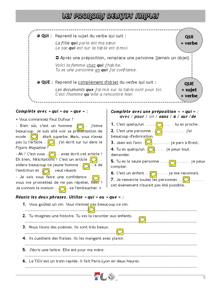2.3 Pronoms Relatifs Simples3 | PDF | Sujet (Grammaire) | Verbe