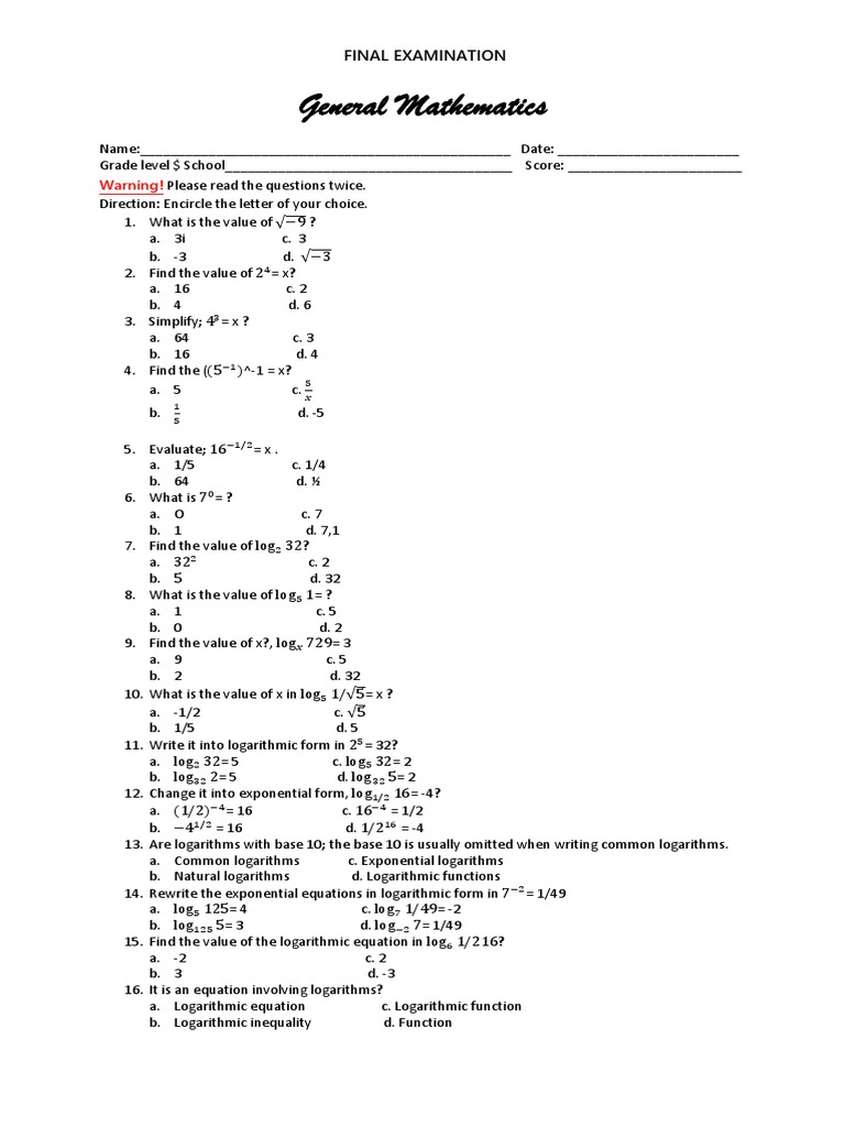 General Math Final Exams | PDF | Logarithm | Interest