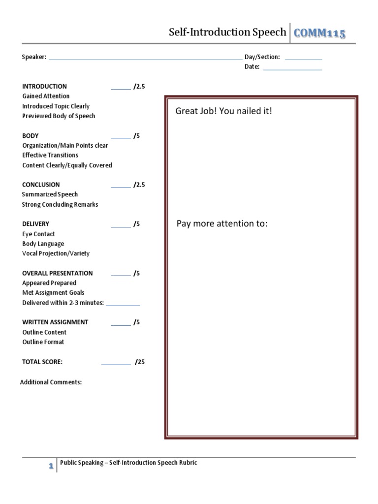 Self-Introduction Speech Rubric | PDF | Language Arts & Discipline