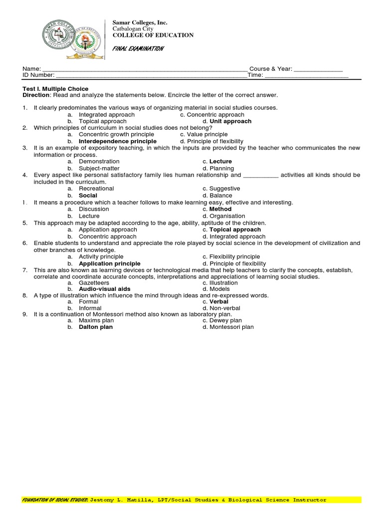 Final Exam in FOUNDATION OF SOCIAL STUDIES | PDF | Test (Assessment ...