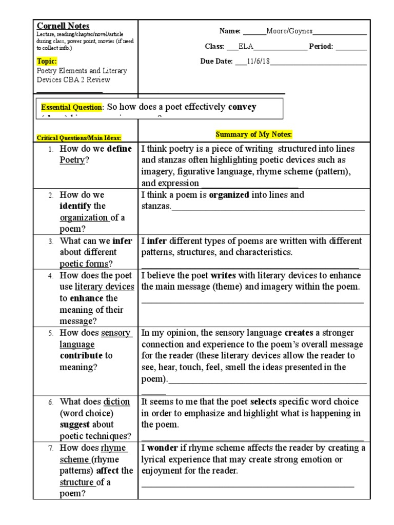 Poetry Elements Cornell Notes Cba 2 Review | PDF | Poetry | Cognitive ...