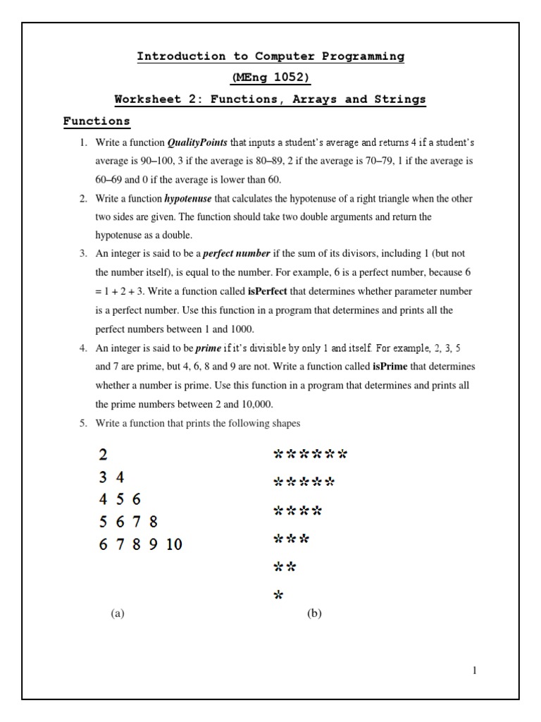 Introduction To Computer Programming (Meng 1052) Worksheet 2: Functions, Arrays and Strings ...