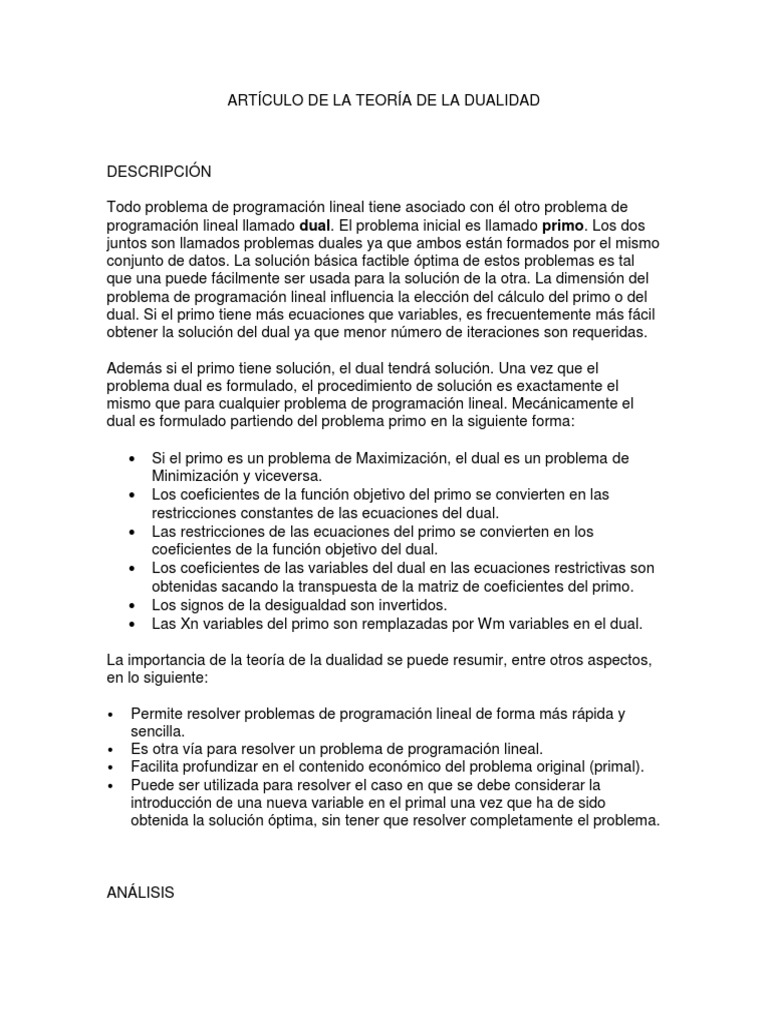 Artículo de La Teoría de La Dualidad | PDF | Programación lineal | Ecuaciones
