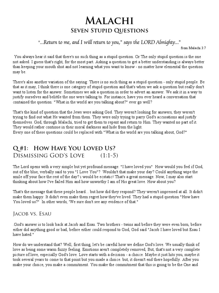 Malachi Study Questions Old Testament Study Guide: Genesis Through
