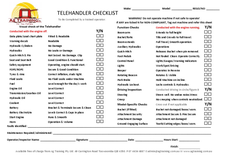 Telehandler Checklist | Transmission (Mechanics) | Transportation ...
