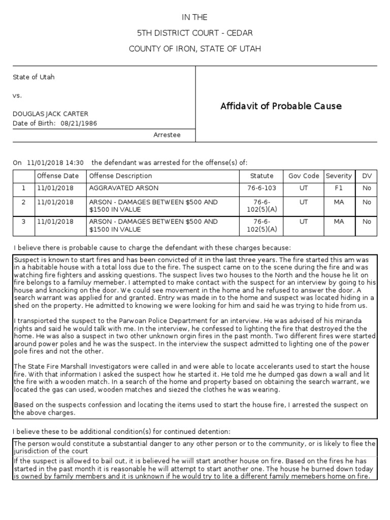 Arson PC Statement | PDF | Arrest Warrant | Probable Cause