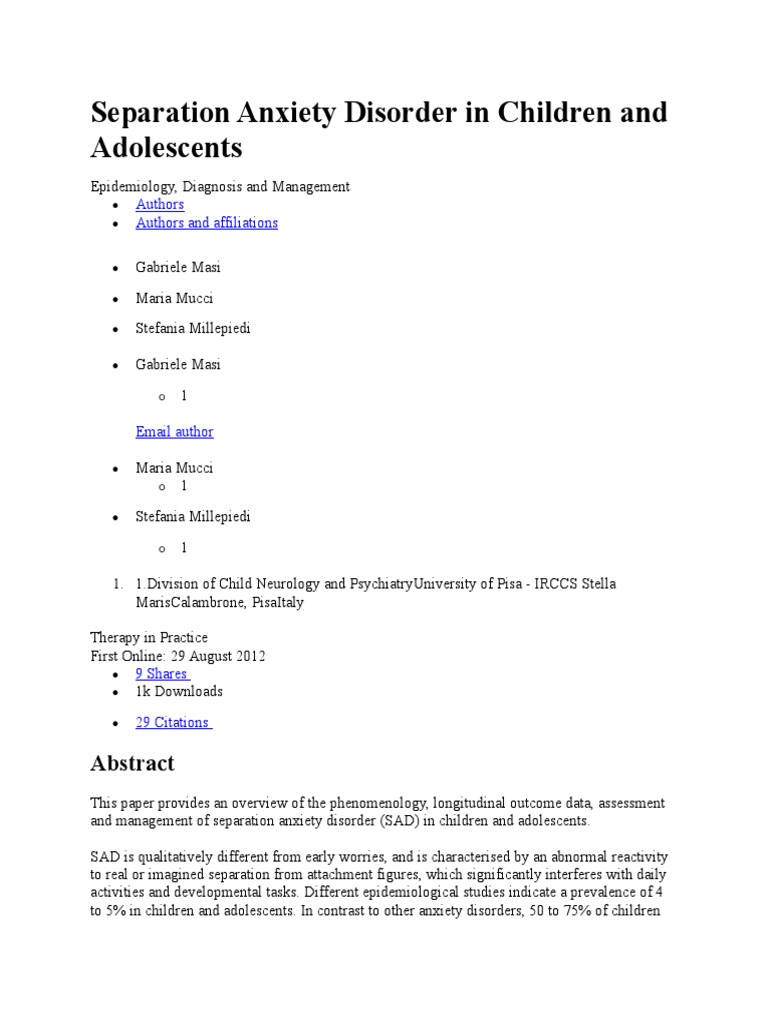 !separation Anxiety Disorder in Children and Adolescents | PDF ...