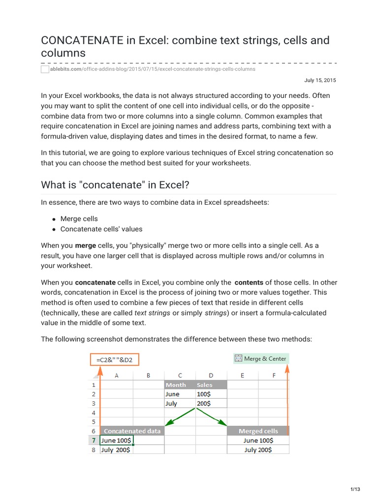 Concatenate In Excel Combine Text Strings Cells And Columns Pdf Microsoft Excel String