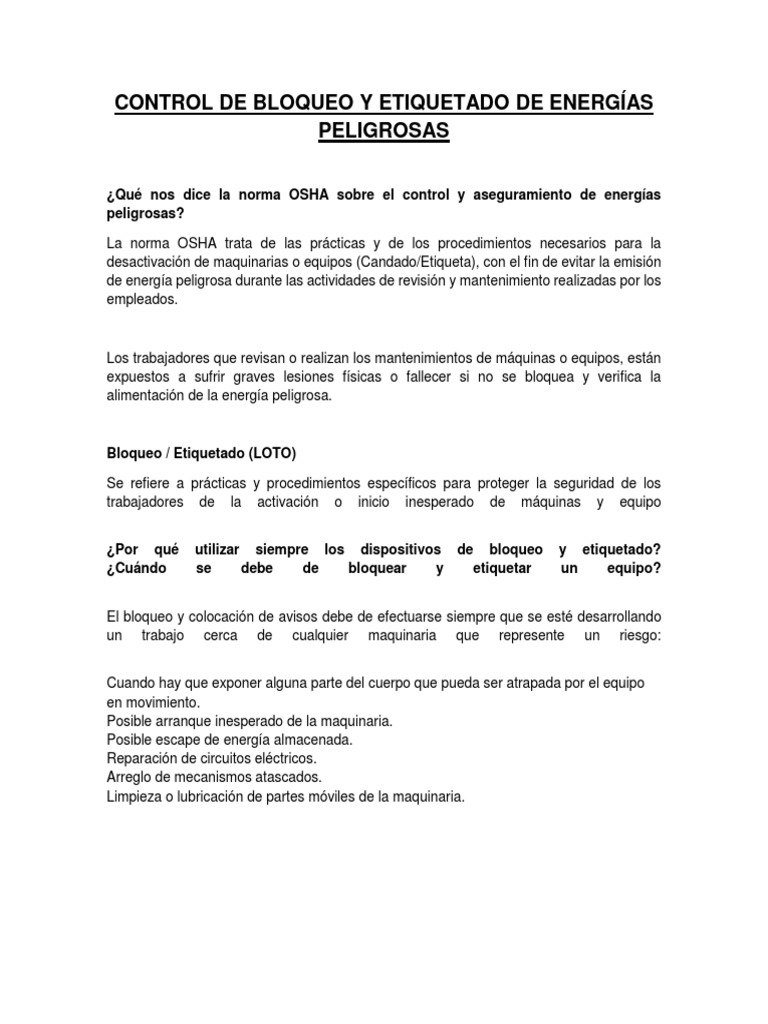 Control de Bloqueo y Etiquetado de Energías Peligrosas | PDF | Administración de Seguridad y ...