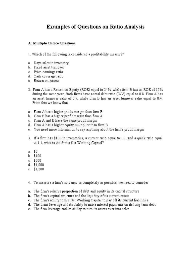 Examples of Questions On Ratio Analysis | PDF | Return On Equity ...