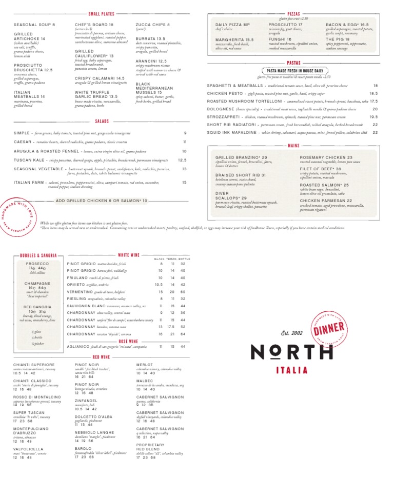 North Italia Menu PDF Cuisine Foods