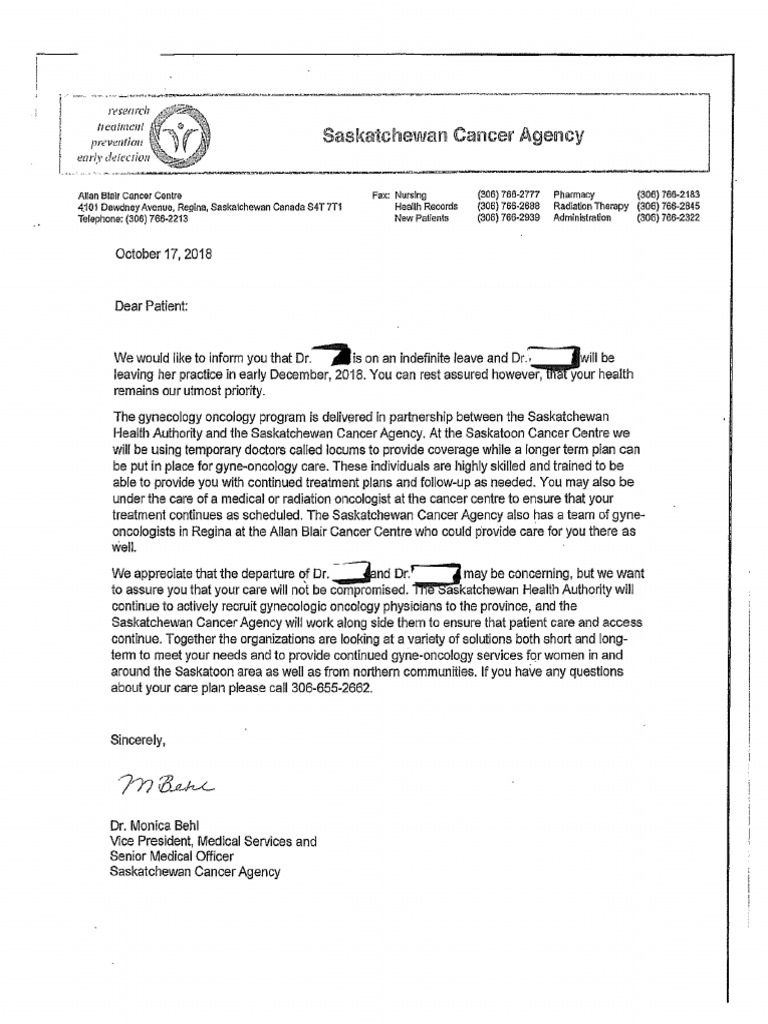 Saskatchewan Cancer Agency Patient Letter | PDF