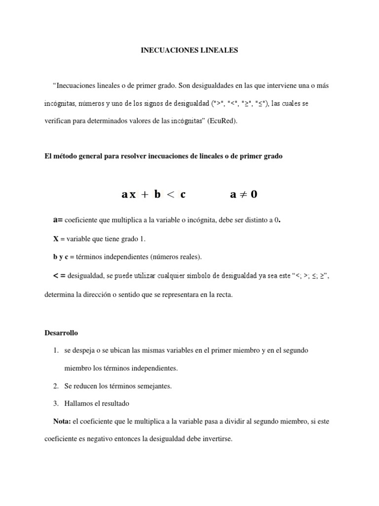 Inecuaciones Lineales | PDF | Desigualdad (Matemáticas) | Intervalo (Matemáticas)