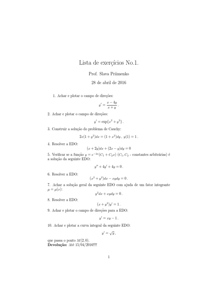 Lista de Exer C Icios No.1.: Prof. Slava Priimenko 28 de Abril de 2016 | PDF