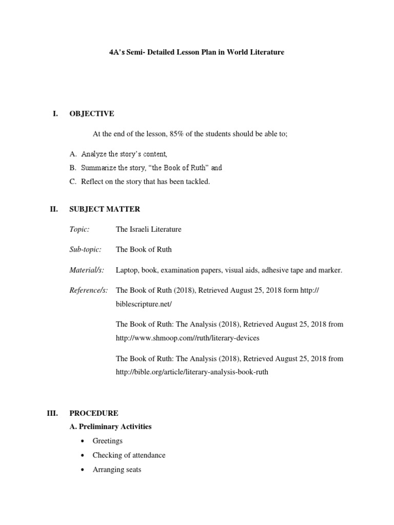 4a's Semi-Detailed Lesson Plan in World Literature | PDF | Ruth ...