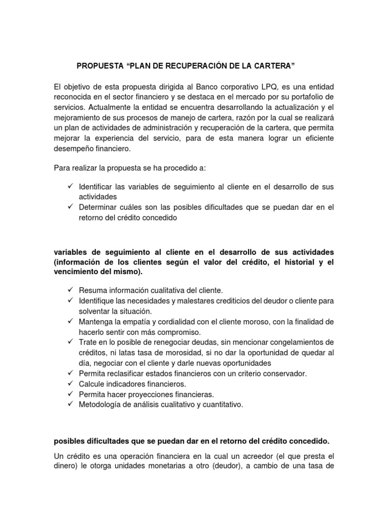 Propuesta Plan de Recuperacion de Cartera | PDF | Bancos | Cliente Propuesta Plan de Recuperacion de Cartera | PDF | Bancos | Cliente