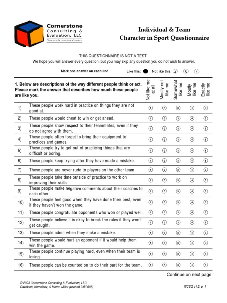 Individual & Team Character in Sport Questionnaire | PDF | White ...
