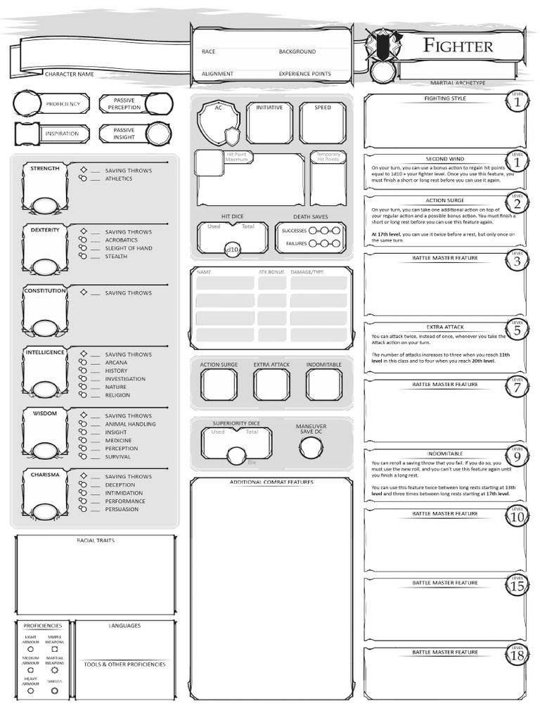 Ficha Class Character Sheet Fighter-BM V13 Fillable | PDF