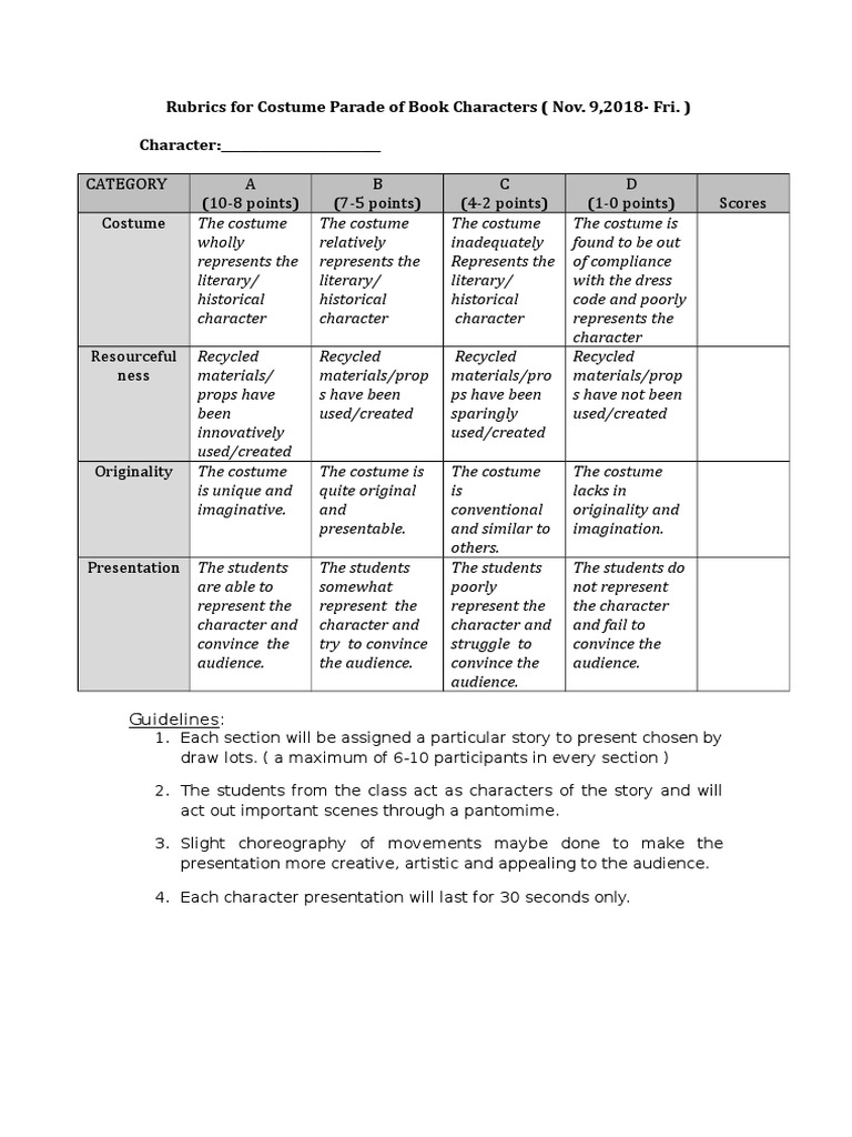 Grading Rubrics For Costume Parade | PDF | Costume | Entertainment