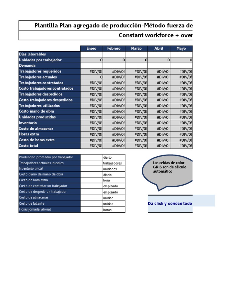 Plantilla Plan Agregado de Producción Método de Fuerza de Trabajo Constante Con Horas Extras ...