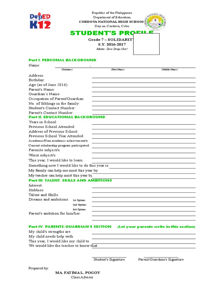 Student'S Profile: Part I. Personal Background | PDF | Schools | Teachers