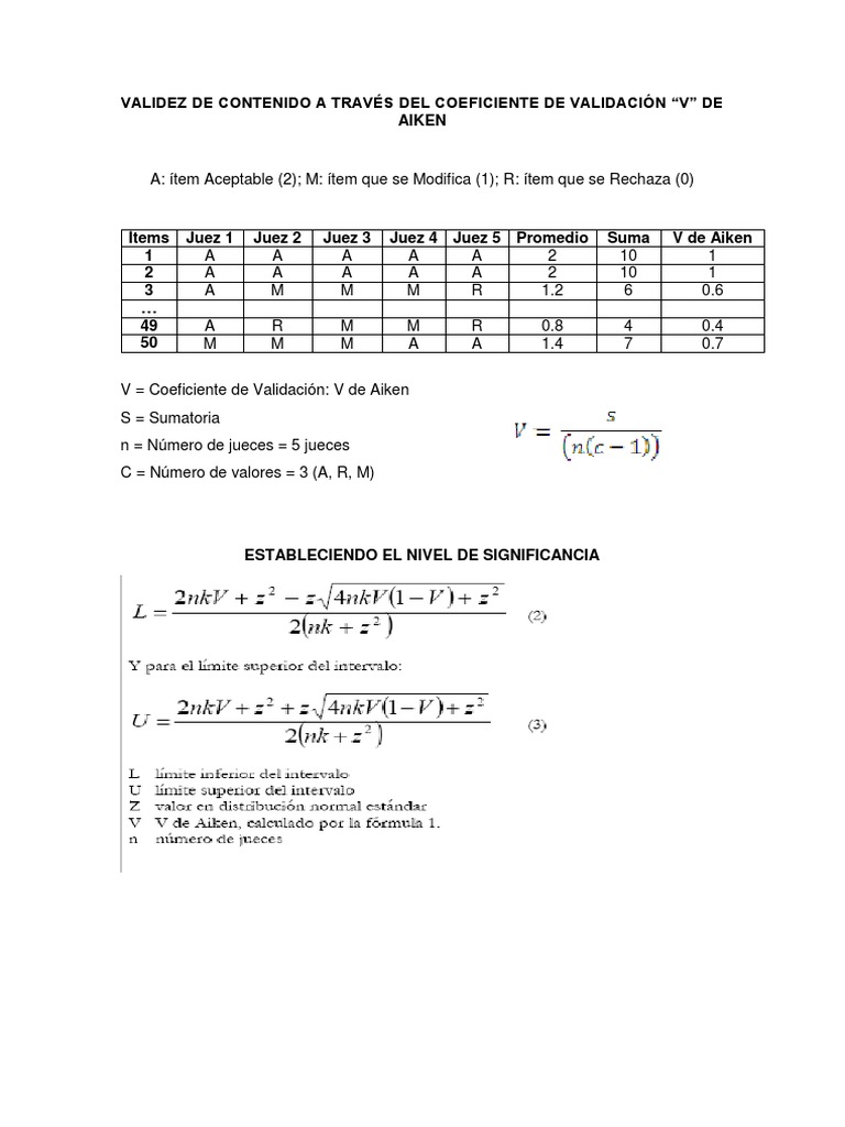 Validez de Contenido a Través Del Coeficiente de Validación v de Aiken ...