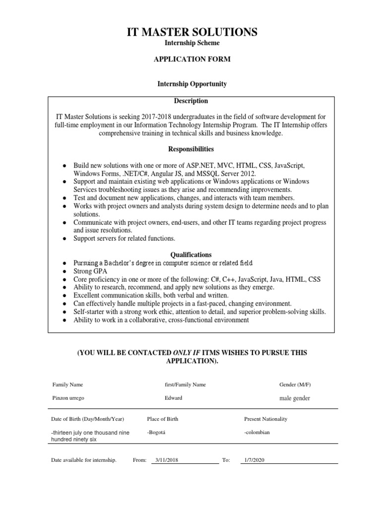 Formato-Internship Application Form | Download Free PDF | Software Development | Java Script