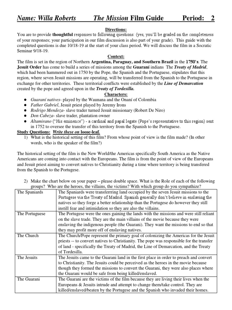 Willa Roberts Final The Mission Movie Guide | PDF | Society Of Jesus