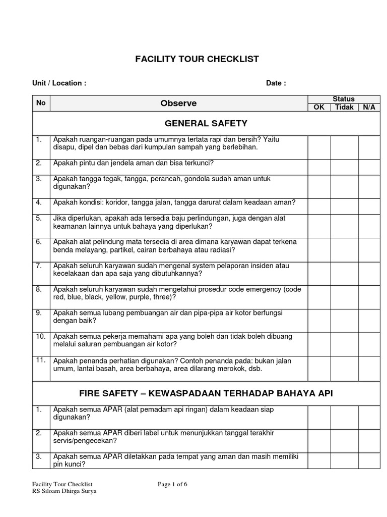 Checklist Facility Tour Untuk JCI | PDF