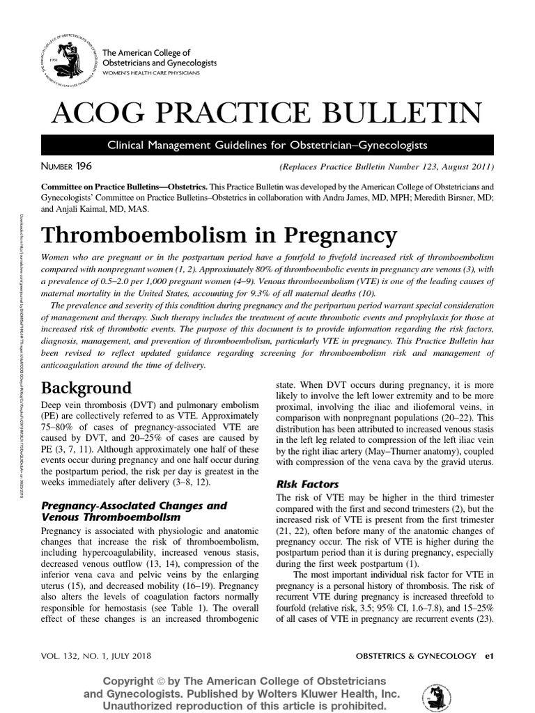 Acog Practice Bulletin: Thromboembolism in Pregnancy | PDF | Pregnancy ...