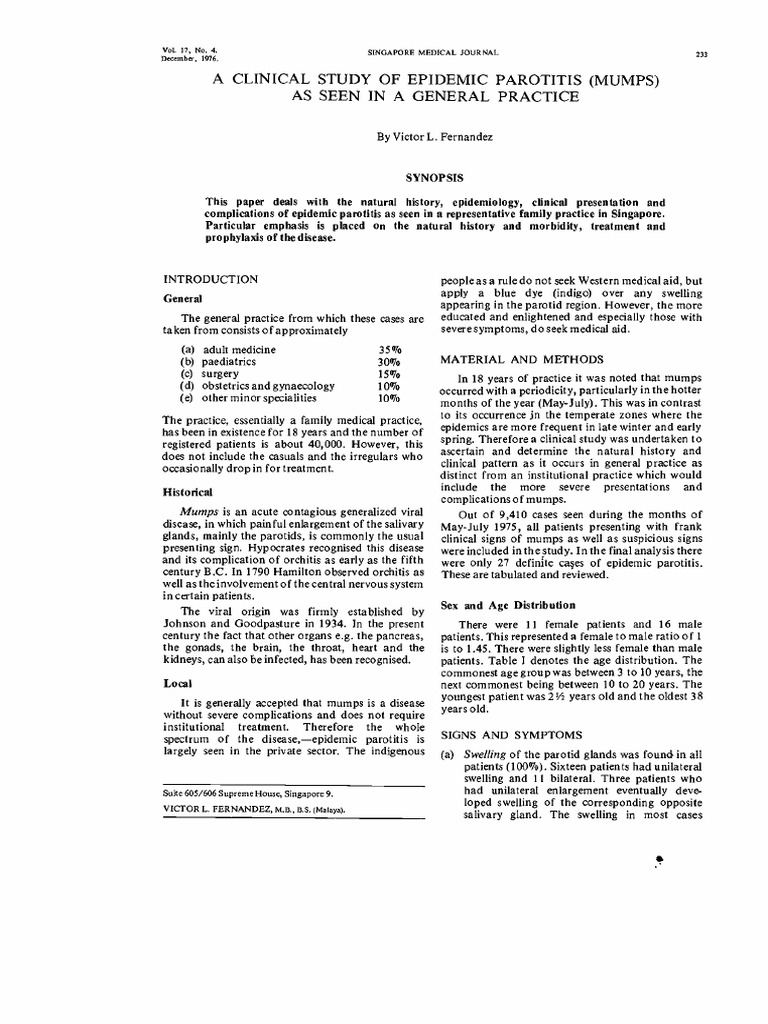 Clinical Epidemic Parotitis General Practice: Study of (Mumps) Seen ...