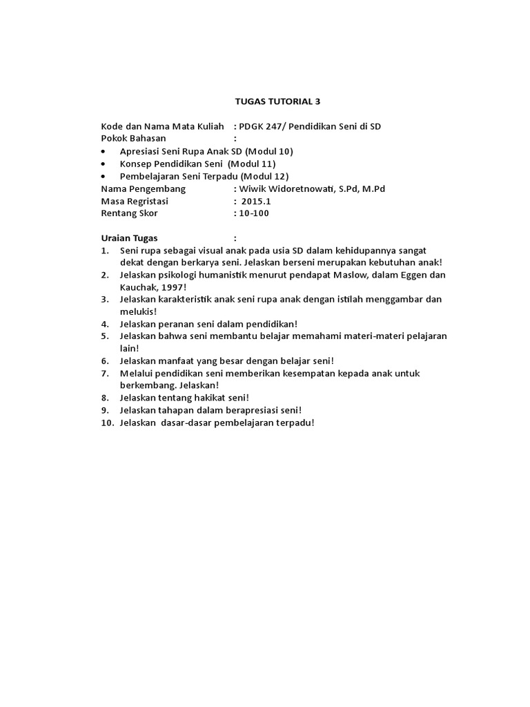 Tugas Tutorial 3 Pendidikan Seni Di SD | PDF